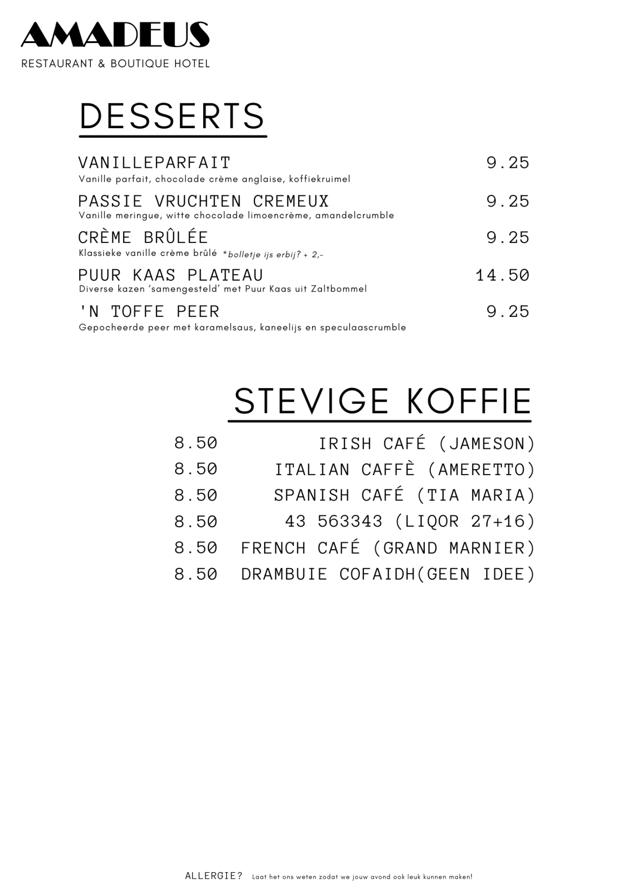 MENUKAART AMADEUS - Amadeus